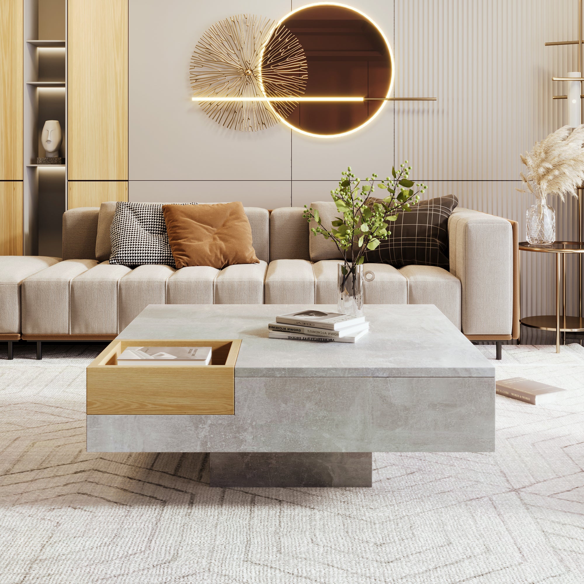 Table basse carré moderne effet béton gris et une boit de rangement bo ...