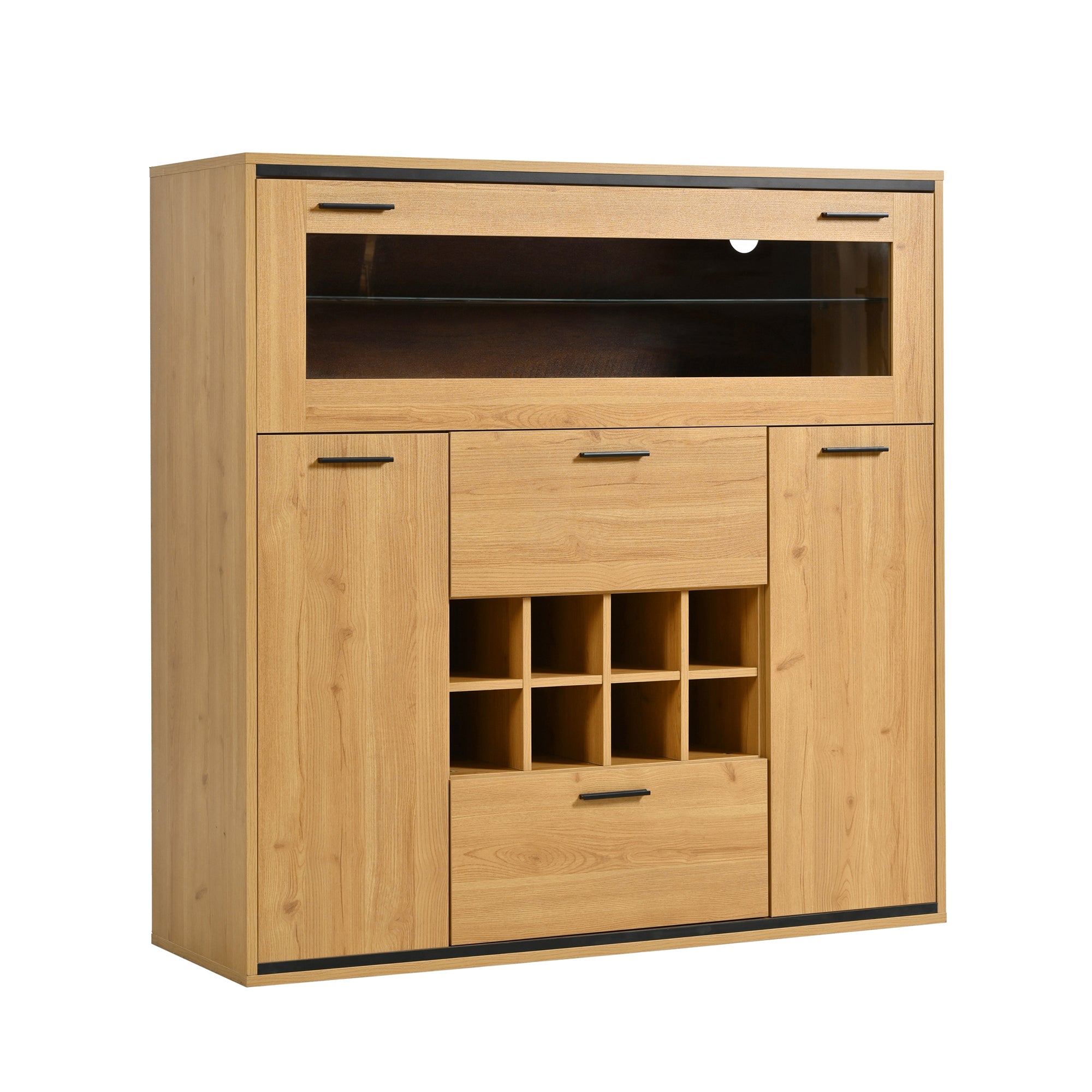 Buffet haut effet bois porte battante éclairage LED et range bouteuill ...